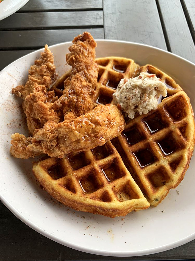 When chicken meets waffles, beautiful things happen &ndash; especially when there's a dollop of sweet butter joining the party.