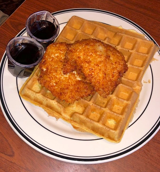 The chicken and waffle relationship: a marriage of crispy and fluffy that proves opposites really do attract. Love on a plate with syrup on the side.