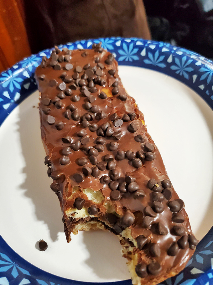 Chocolate meets donut in this long-form love letter to indulgence. The mini chips are just showing off at this point.