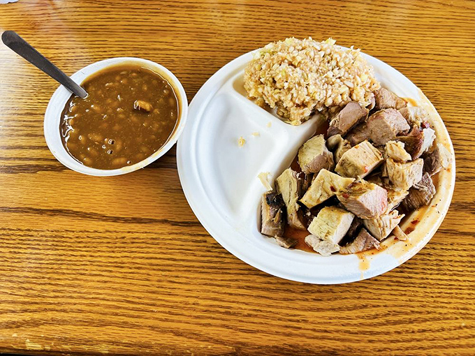 Barbecue plated with military precision: meat here, slaw there, beans on standby. A battlefield strategy for conquering hunger that never fails.