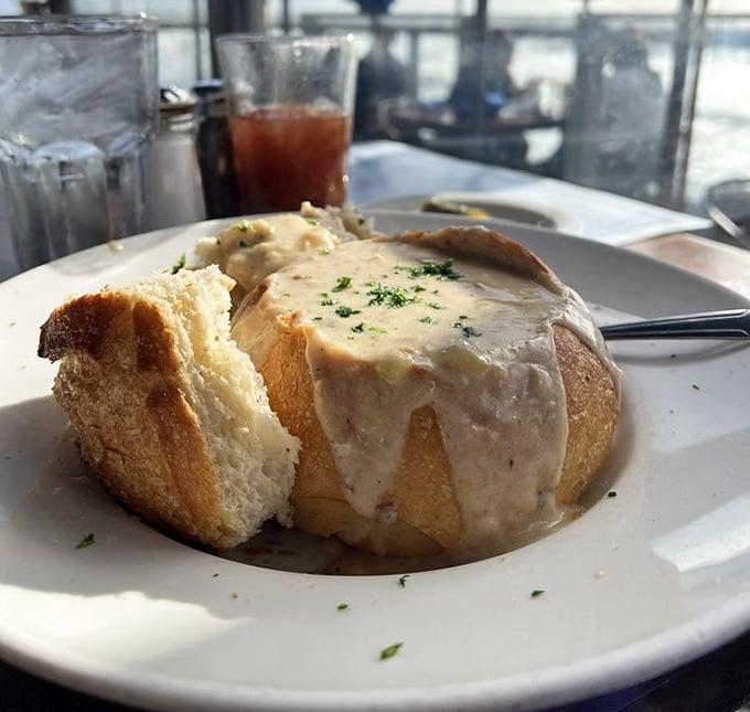 Clam chowder served in a sourdough bread bowl&mdash;a California coast tradition that answers the eternal question: "Why can't all dishes be edible?"