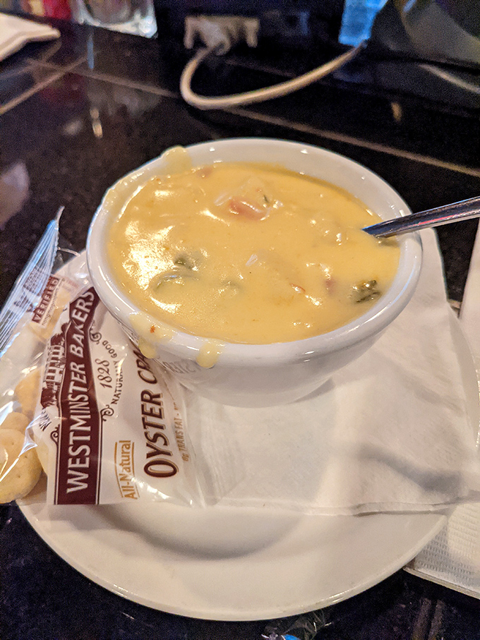 Not just any chowder—this creamy bowl of comfort comes with oyster crackers and the kind of richness that makes you want to befriend a New England fisherman.