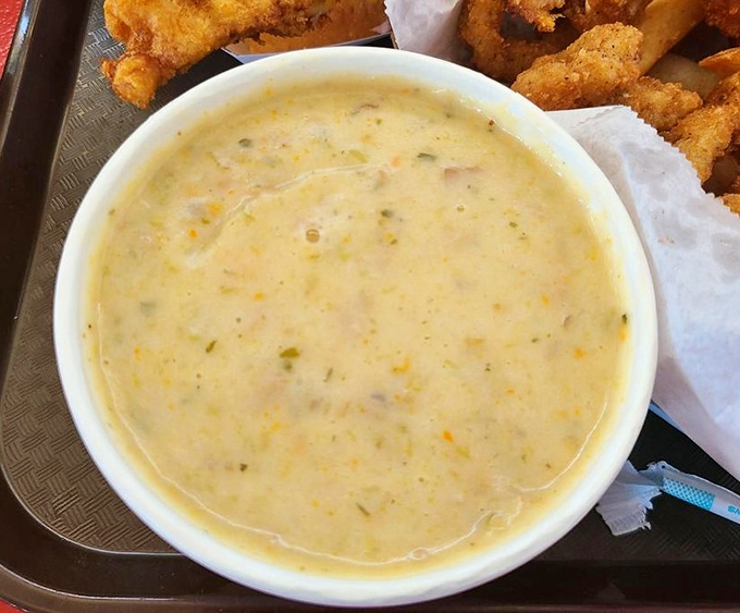 The legendary clam chowder in all its glory&mdash;creamy, chunky, and packed with more clams than your average beach at low tide.