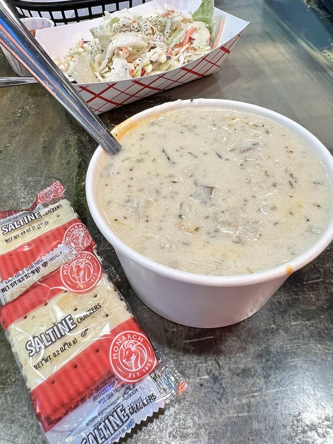Clam chowder so creamy it should have its own Instagram account. Those saltines aren't accessories; they're essential supporting actors.