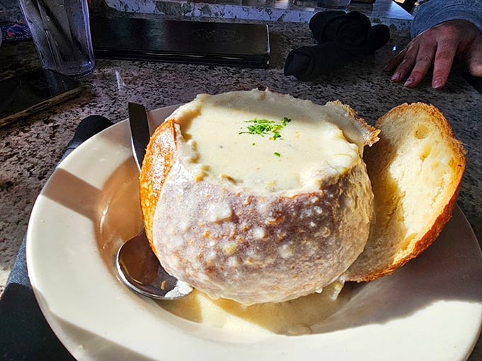 Not just soup&mdash;it's a sourdough bread bowl of creamy clam chowder that whispers, "Diet? What diet?" Comfort food that hugs you from the inside.