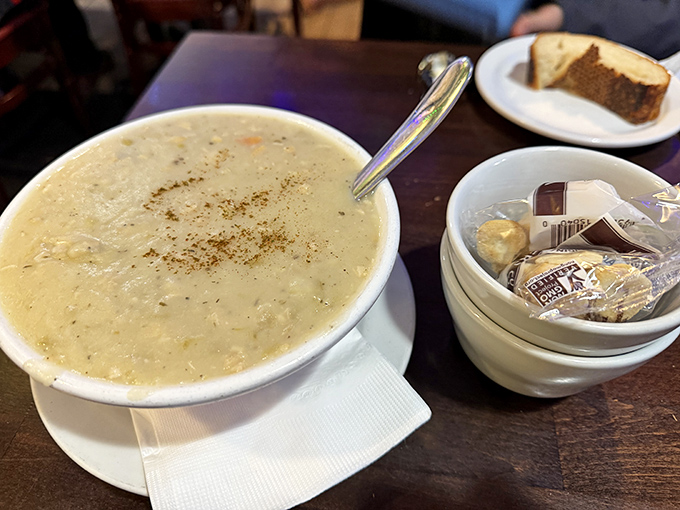 The famous clam chowder arrives thick, creamy, and loaded with clams&mdash;it's not soup, it's a seafood revelation in a bowl.