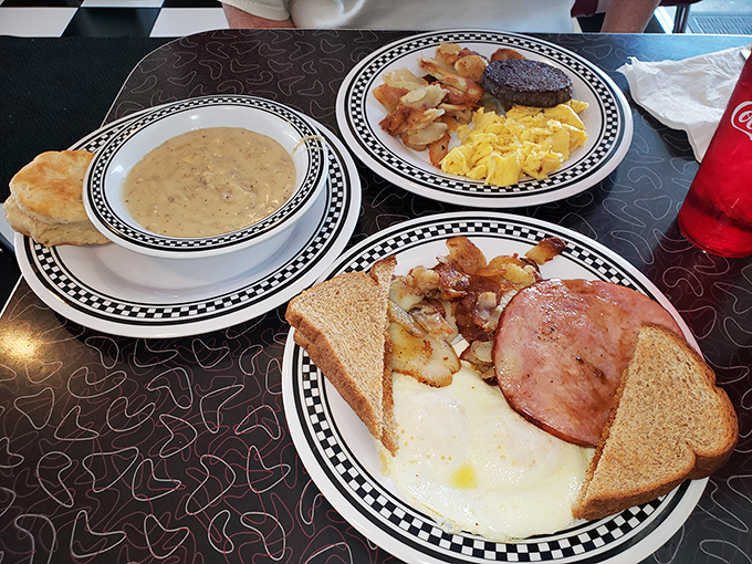 Breakfast perfection on a plate &ndash; sunny eggs, crispy home fries, ham, and toast ready to soak up golden yolk. Morning sunshine, regardless of weather.