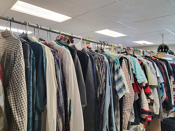 The men's clothing section offers enough plaid to outfit every lumberjack in Pennsylvania, with enough oxford shirts left over for Sunday service.