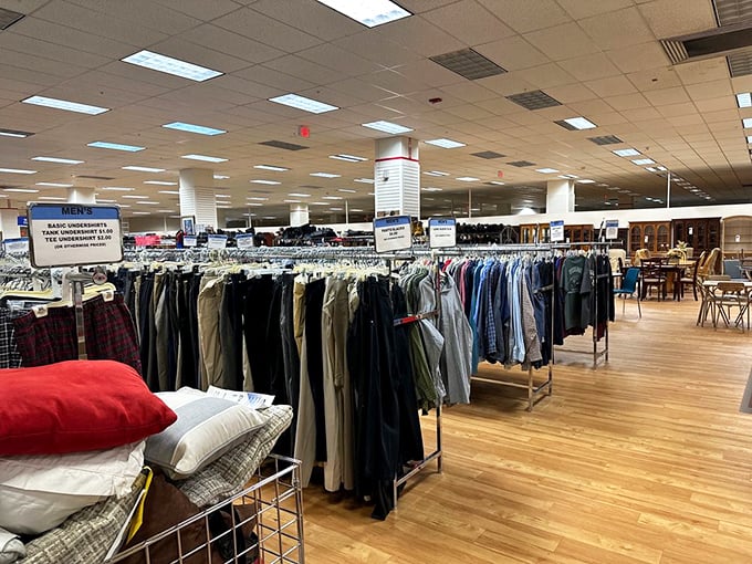 The men's department – where yesterday's business casual becomes tomorrow's smart bargain. That plaid shirt might have attended a tech conference.