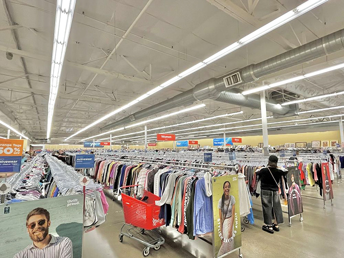 The clothing forest stretches to the horizon. Each rack a different expedition, each aisle a new adventure in style archaeology.
