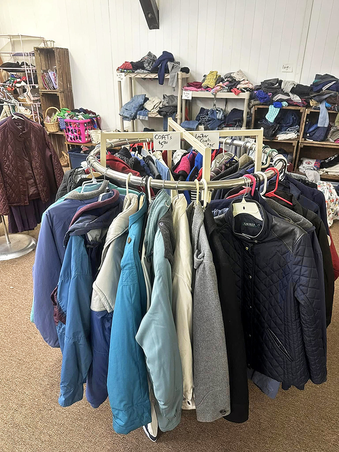 The coat section resembles a timeline of fashion history. That blue windbreaker might have witnessed Woodstock&mdash;or at least a great '90s tailgate.