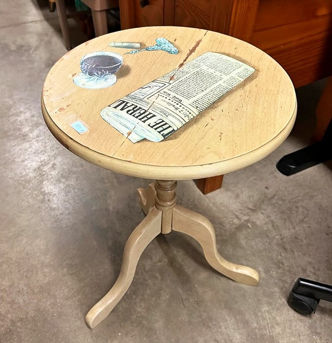 A wooden side table sporting newspaper decoupage&mdash;someone's Pinterest project awaiting adoption. Martha Stewart would either applaud or quietly disapprove.