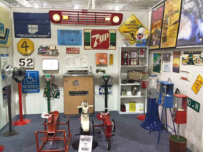 Nostalgia on display! This booth's vintage signs and kiddie rides prove one person's "Remember when?" is another's perfect home d&eacute;cor.