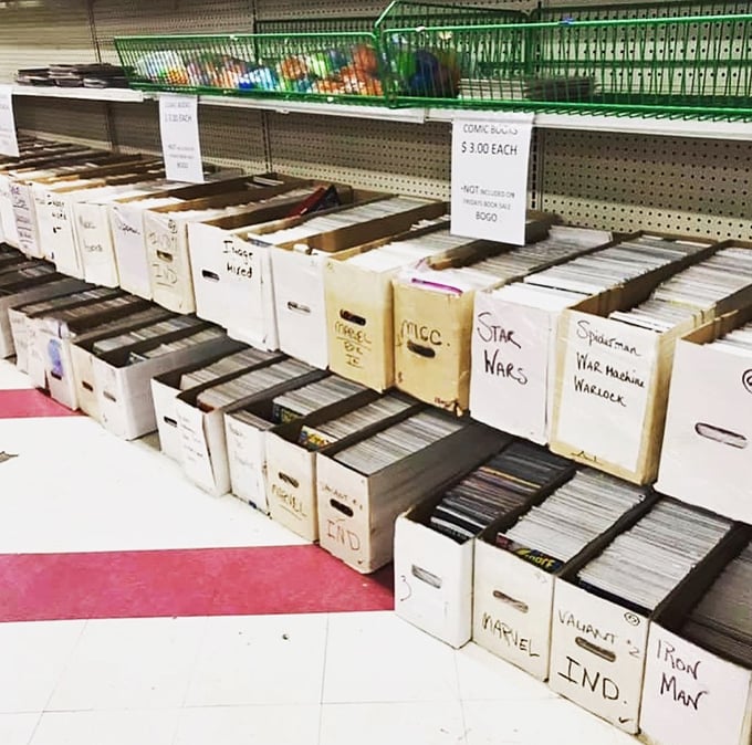 Comic book heaven organized in meticulous boxes&mdash;where Spider-Man, Iron Man, and childhood nostalgia live on for just $3 each.