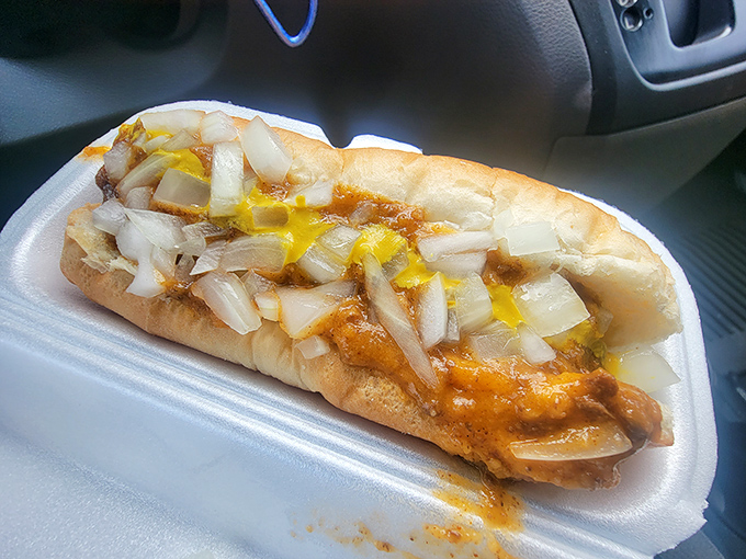 This isn't just a coney dog; it's Detroit on a bun—a symphony of savory chili, sharp onions, and melted cheese that sings the city's culinary anthem.