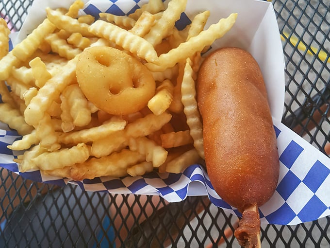 The perfect road trip companion: a golden-fried corn dog and crinkle-cut fries that would make any nutritionist weep and any traveler smile.