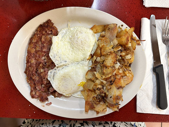Corned beef hash and eggs create the kind of hearty plate that built America.