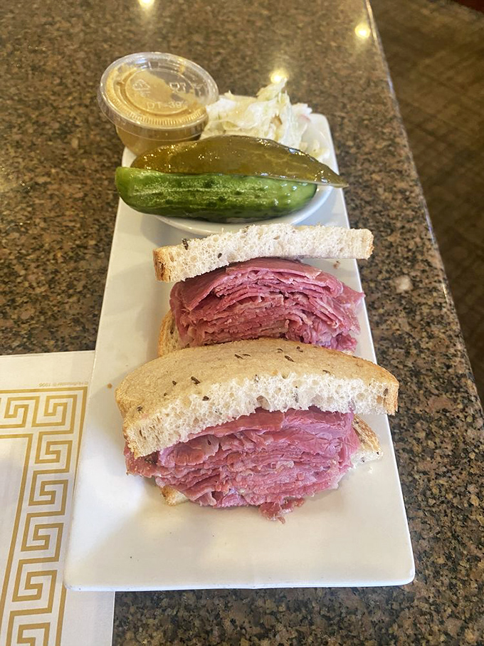 This isn't just a corned beef sandwich; it's a masterclass in meat-to-bread ratio that would make any New Yorker weep with joy.
