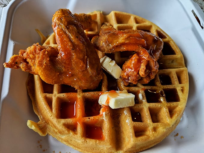 The classic combo that launched a thousand road trips. That waffle isn't just a sidekick&mdash;it's an equal partner in this culinary love story.