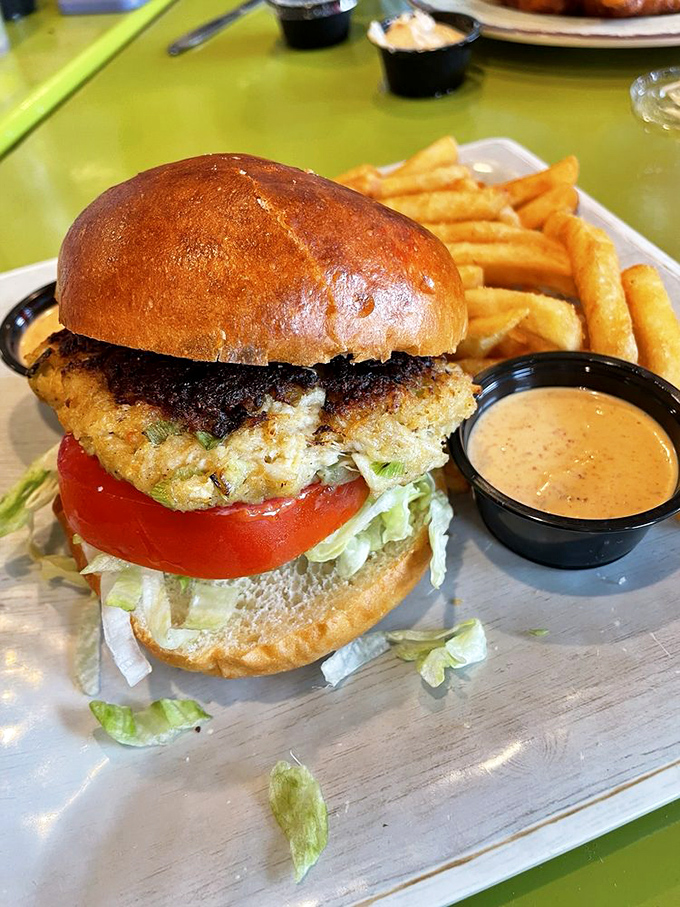 A proper crab cake sandwich should be mostly crab, barely held together by hope and perhaps a prayer. This beauty clearly got the memo.