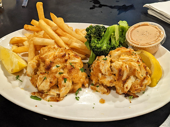 Crab cakes that actually taste like crab&mdash;what a concept! Paired with fries and broccoli, it's the comfort food trifecta.