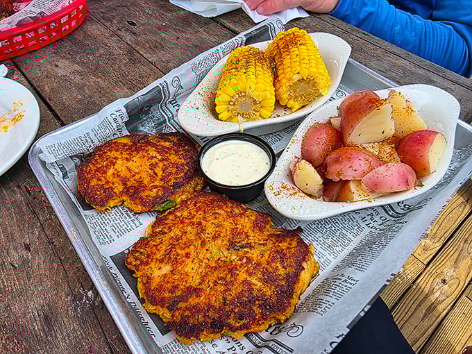 Crab cakes and corn on the cob&mdash;a duo more perfect than Batman and Robin, especially when there are potatoes playing Alfred.