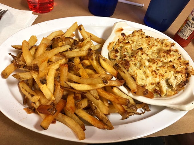 Crab imperial with crispy fries&mdash;the dish that makes you wonder why anyone would ever eat anything else in Maryland.