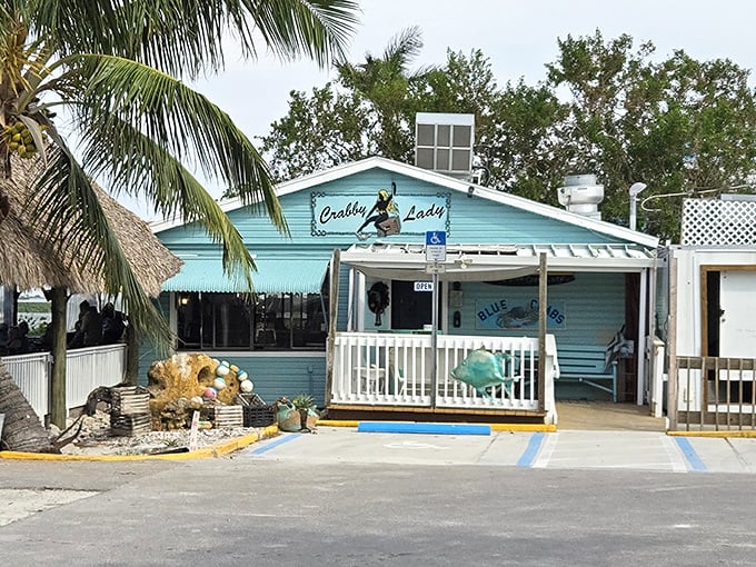 The Crabby Lady's aqua-blue facade is like a siren call to seafood lovers. Even the grumpiest visitors leave with a smile.