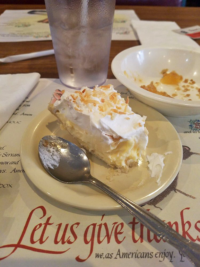 Coconut cream pie so heavenly it deserves its own hymn, topped with whipped cream that defies gravity.