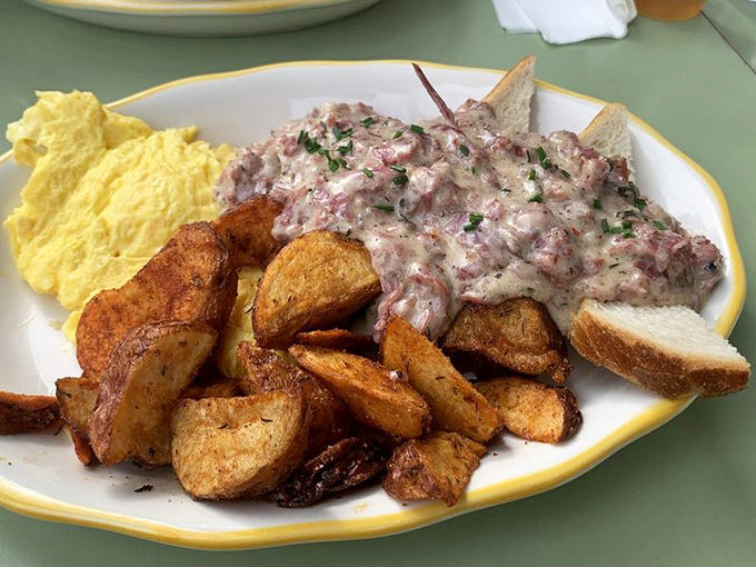 Creamed chipped beef that would make your grandfather weep with joy, paired with home fries crisped to golden perfection.