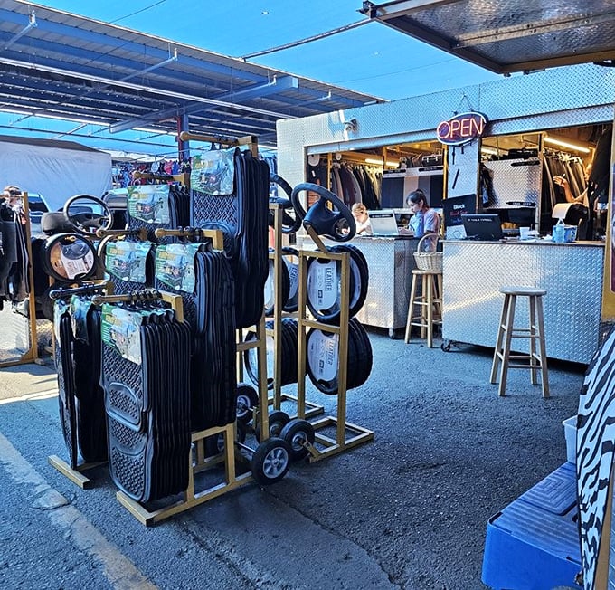 A vendor's stall that would make any car enthusiast stop in their tracks. Floor mats, steering wheel covers, and automotive accessories galore!