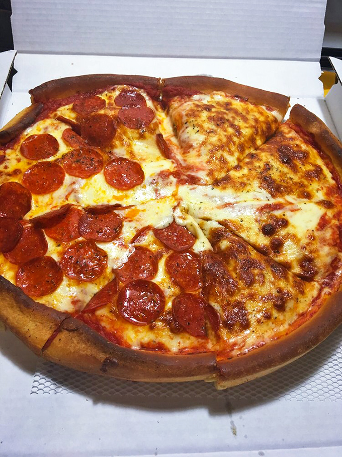 Half pepperoni, half cheese, all delicious. The crispy-edged perfection that makes you understand why Chicagoans brave snowstorms for their pizza fix.