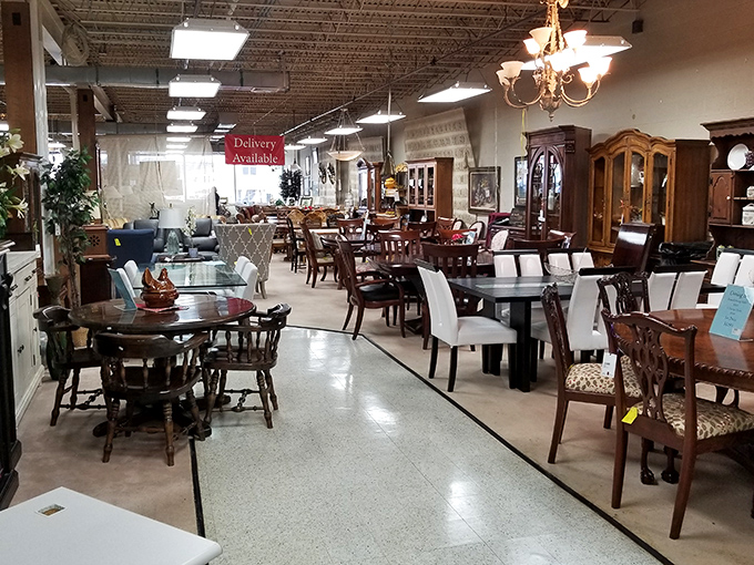 Dining table heaven stretches as far as the eye can see. Each set awaits a family's laughter and new dinner conversations.