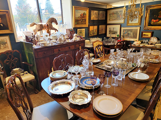 Dinner parties from another century come alive on this table. The horse figurine seems ready to gallop across fine china that's witnessed countless toasts.