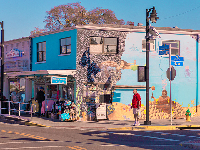 This colorful corner building showcases Tarpon Springs' artistic spirit with a marine-themed mural that tells the story of the town's deep connection to the sea.