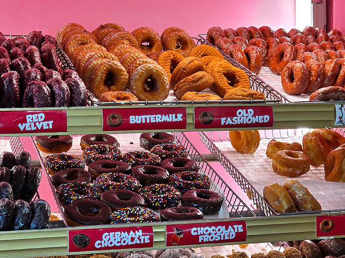 The donut display is like a colorful edible art gallery &ndash; from vibrant Red Velvet to classic Old Fashioned, each pastry patiently waiting for its forever home.