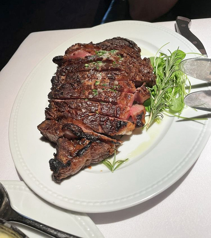 Behold the Rolls-Royce of ribeyes&mdash;sliced to show its perfectly pink interior, this dry-aged beauty has more marbling than an Italian palazzo.