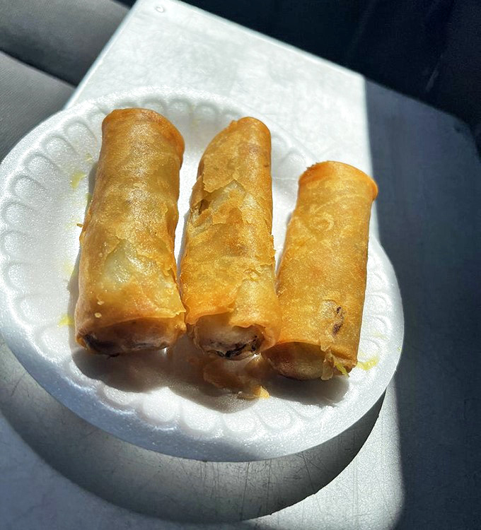 Golden, crispy egg rolls that shatter at first bite, revealing a savory interior worth driving across county lines for. Car eating has never been so justified.