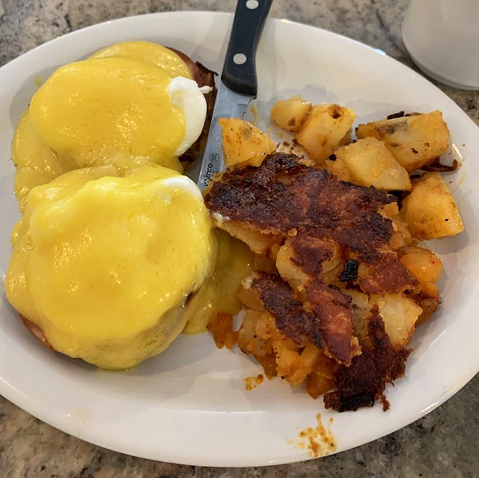 Eggs Benedict with hollandaise so golden it belongs in Fort Knox, paired with home fries that achieved the perfect crisp-tender balance.