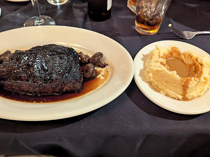 A steak so good it deserves its own entourage&mdash;here accompanied by mushrooms and mashed potatoes that know their supporting roles perfectly.