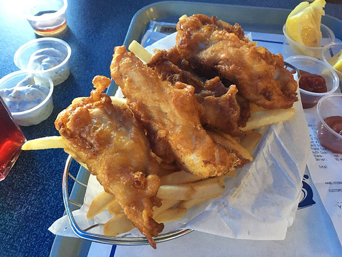Fish and chips so golden, they'd make the Queen jealous of California's coastline.