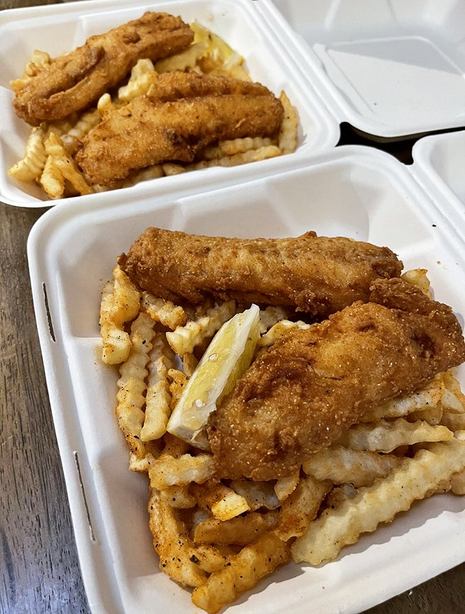 Proof that Wisconsin knows more than cheese &ndash; these golden-crusted fish fillets atop crinkle fries show Beef Butter BBQ respects Friday traditions as much as weekend smoke sessions.