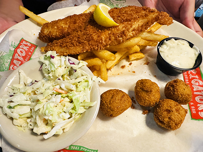 The ultimate Florida trifecta: perfectly breaded fish, crispy hushpuppies, and fresh coleslaw. Seafood this good doesn't need a sunset view&mdash;though it wouldn't hurt.