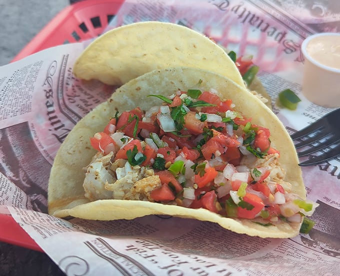 These fish tacos aren't just food; they're edible postcards from the Oregon coast, complete with fresh pico de gallo sunshine.