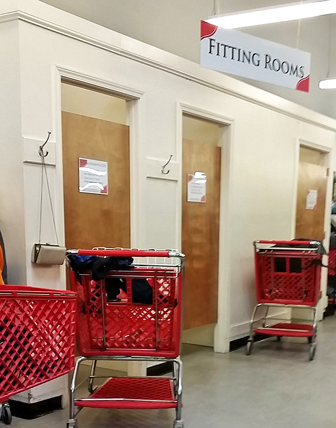 The fitting room corridor&mdash;where thrift store dreams either come true or get returned to the rack. Always bring a friend for honest opinions!