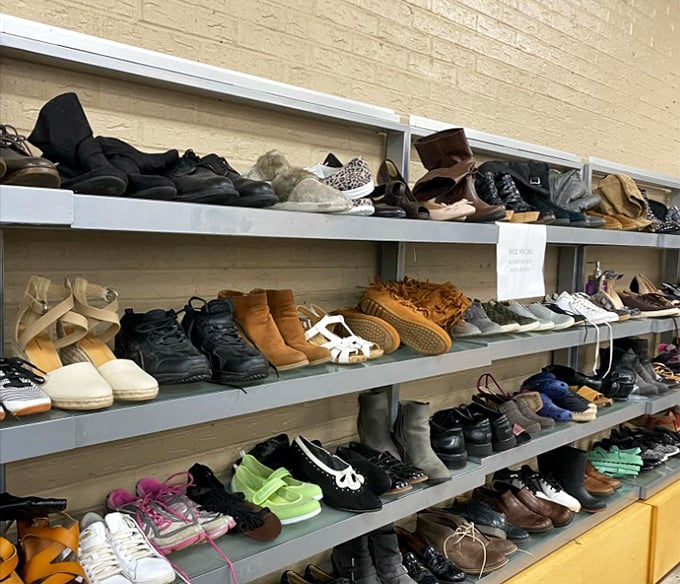 Shoe heaven or footwear purgatory? Either way, these shelves offer everything from practical work boots to "how-did-anyone-ever-walk-in-these" vintage finds.