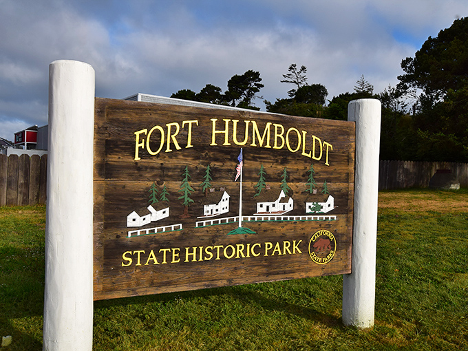 Fort Humboldt's rustic welcome sign hints at California's frontier past. Before Victorian mansions, there were military outposts guarding this magnificent coastline.
