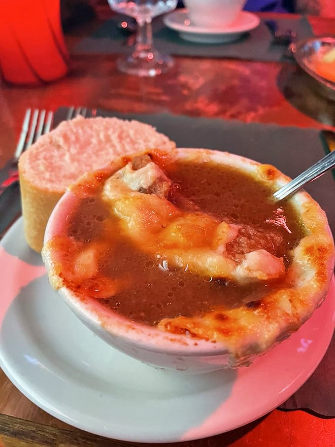 French onion soup that puts the "comfort" in comfort food &ndash; a bubbling cauldron of beefy broth and gooey cheese that would make Julia Child nod approvingly.