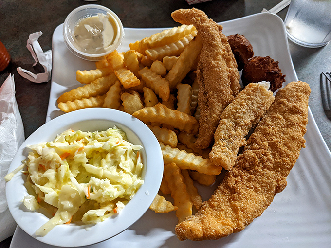 Crispy catfish that would make a pescatarian break their diet calendar. The coleslaw adds that perfect tangy counterpoint.