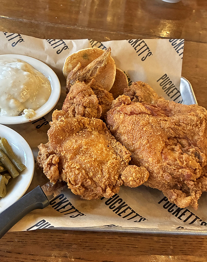 Fried chicken so perfectly golden, it deserves its own country music ballad about crispy exteriors and juicy, tender goodness within.